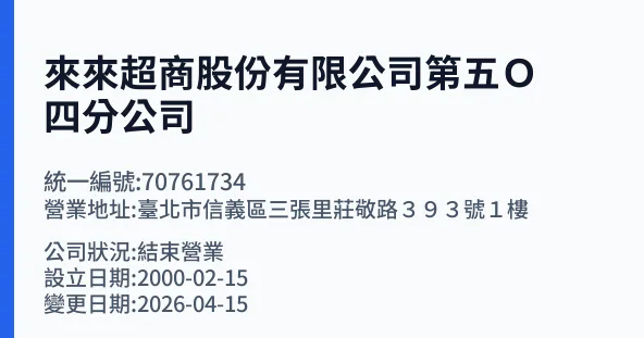來來超商股份有限公司第五Ｏ四分公司的照片-統編 70761734(臺北市) 公司登記資料與營業項目詳細圖表
