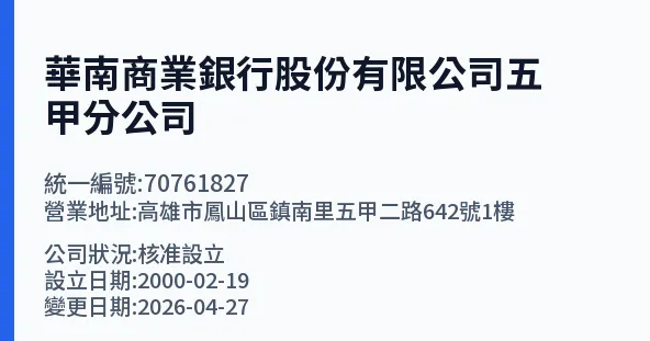 華南商業銀行股份有限公司五甲分公司的照片-統編 70761827(高雄市) 公司登記資料與營業項目詳細圖表