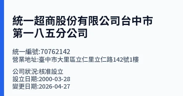 統一超商股份有限公司台中市第一八五分公司的照片-統編 70762142(臺中市) 公司登記資料與營業項目詳細圖表