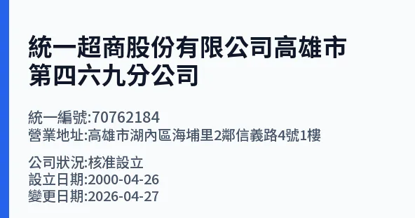 統一超商股份有限公司高雄市第四六九分公司的照片-統編 70762184(高雄市) 公司登記資料與營業項目詳細圖表