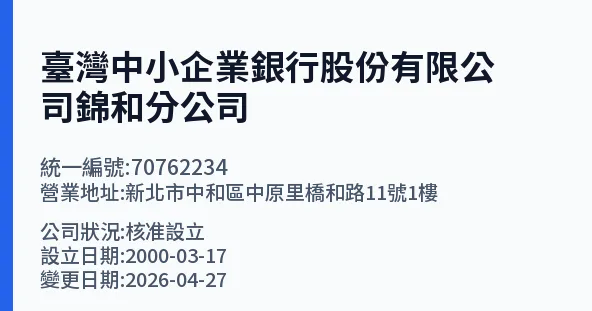 臺灣中小企業銀行股份有限公司錦和分公司的照片-統編 70762234(新北市) 公司登記資料與營業項目詳細圖表
