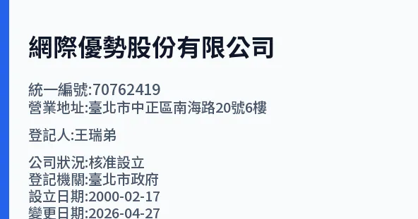 網際優勢股份有限公司的照片-統編 70762419(臺北市) 公司登記資料與營業項目詳細圖表