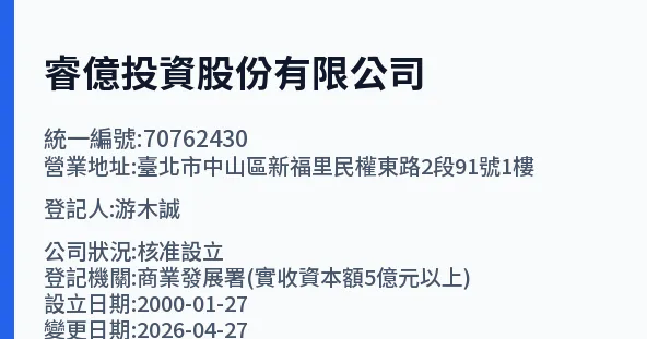睿億投資股份有限公司的照片-統編 70762430(臺北市) 公司登記資料與營業項目詳細圖表