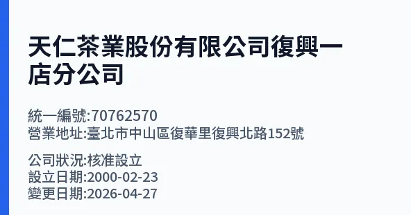 天仁茶業股份有限公司復興一店分公司的照片-統編 70762570(臺北市) 公司登記資料與營業項目詳細圖表