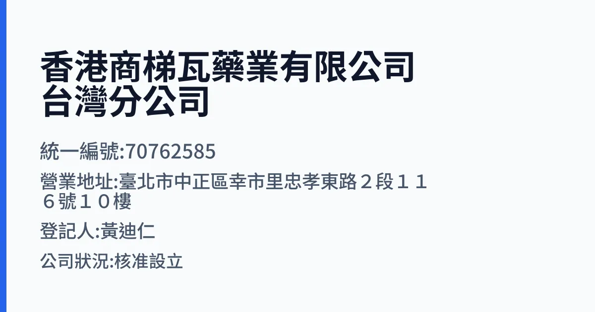 香港商梯瓦藥業有限公司台灣分公司 - 統編 70762585(臺北市) 公司登記資料與營業項目詳細圖表