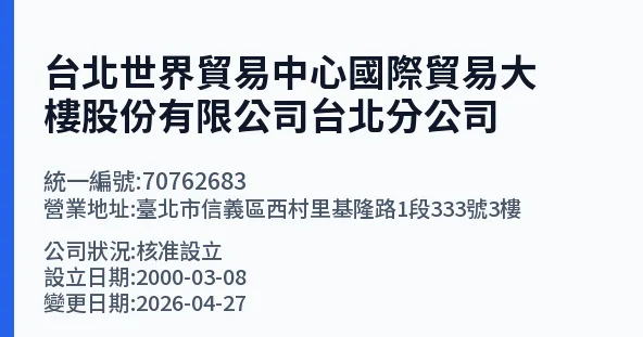 台北世界貿易中心國際貿易大樓股份有限公司台北分公司的照片-統編 70762683(臺北市) 公司登記資料與營業項目詳細圖表