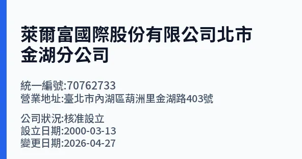 萊爾富國際股份有限公司北市金湖分公司的照片-統編 70762733(臺北市) 公司登記資料與營業項目詳細圖表