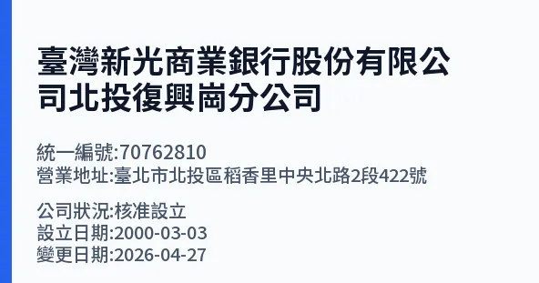 臺灣新光商業銀行股份有限公司北投復興崗分公司的照片-統編 70762810(臺北市) 公司登記資料與營業項目詳細圖表