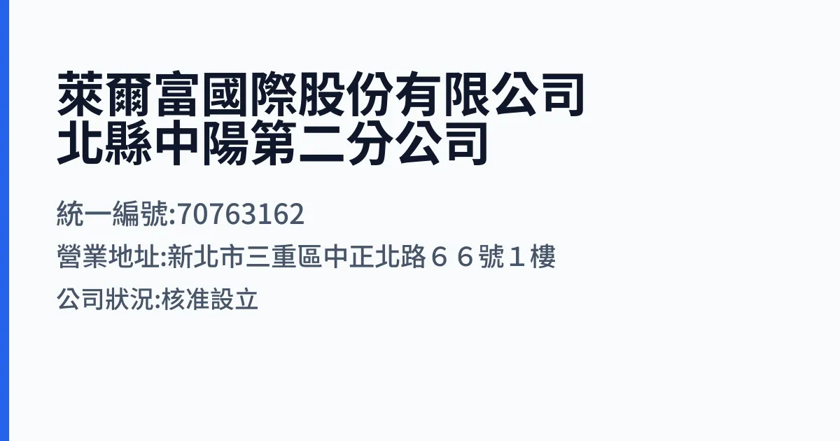 萊爾富國際股份有限公司北縣中陽第二分公司 - 統編 70763162(新北市) 公司登記資料與營業項目詳細圖表