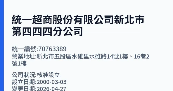 統一超商股份有限公司新北市第四四四分公司的照片-統編 70763389(新北市) 公司登記資料與營業項目詳細圖表