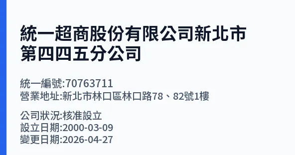 統一超商股份有限公司新北市第四四五分公司的照片-統編 70763711(新北市) 公司登記資料與營業項目詳細圖表