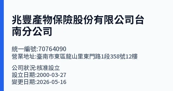 兆豐產物保險股份有限公司台南分公司的照片-統編 70764090(臺南市) 公司登記資料與營業項目詳細圖表