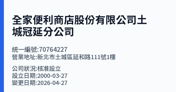 全家便利商店股份有限公司土城冠延分公司的照片-統編 70764227(新北市) 公司登記資料與營業項目詳細圖表