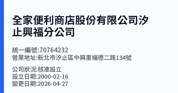 全家便利商店股份有限公司汐止興福分公司的照片-統編 70764232(新北市) 公司登記資料與營業項目詳細圖表