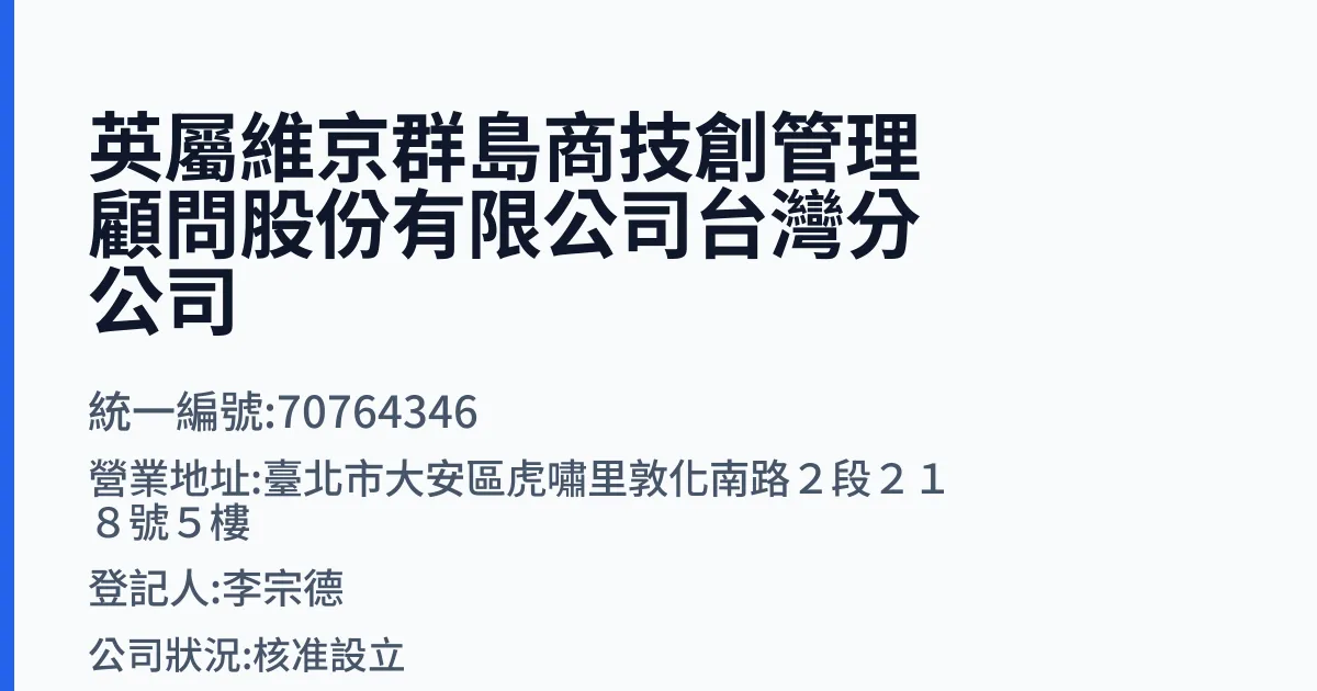 英屬維京群島商技創管理顧問股份有限公司台灣分公司 - 統編 70764346(臺北市) 公司登記資料與營業項目詳細圖表