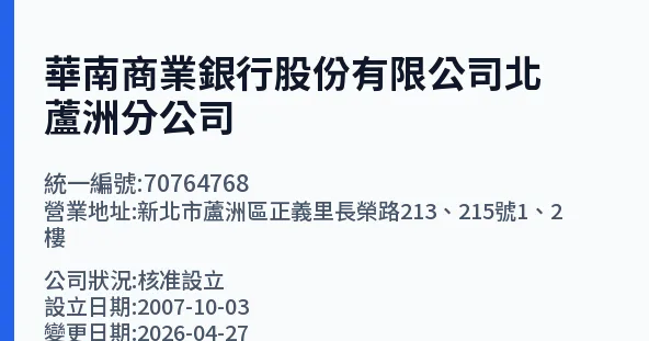 華南商業銀行股份有限公司北蘆洲分公司的照片-統編 70764768(新北市) 公司登記資料與營業項目詳細圖表