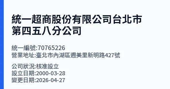 統一超商股份有限公司台北市第四五八分公司的照片-統編 70765226(臺北市) 公司登記資料與營業項目詳細圖表