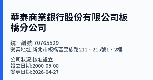 華泰商業銀行股份有限公司板橋分公司的照片-統編 70765529(新北市) 公司登記資料與營業項目詳細圖表