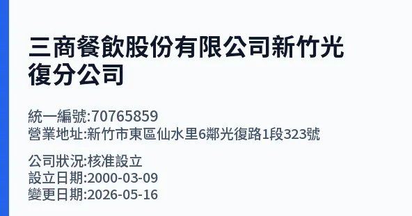 三商餐飲股份有限公司新竹光復分公司的照片-統編 70765859(新竹市) 公司登記資料與營業項目詳細圖表