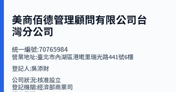 美商佰德管理顧問有限公司台灣分公司的照片-統編 70765984(臺北市) 公司登記資料與營業項目詳細圖表