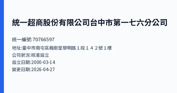 統一超商股份有限公司台中市第一七六分公司的照片-統編 70766597(臺中市) 公司登記資料與營業項目詳細圖表
