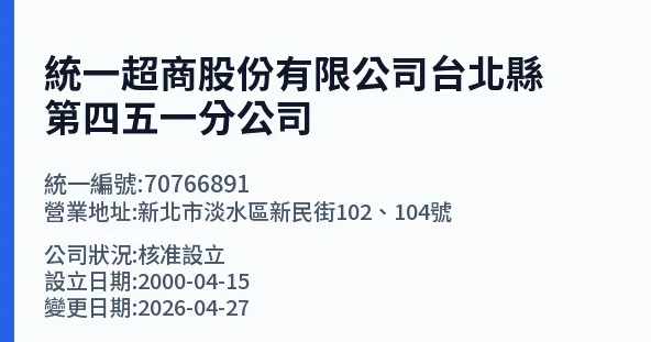 統一超商股份有限公司台北縣第四五一分公司的照片-統編 70766891(新北市) 公司登記資料與營業項目詳細圖表