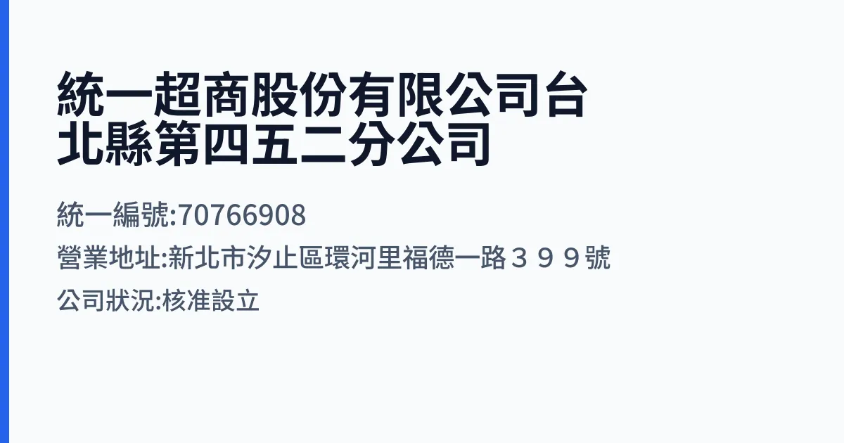 統一超商股份有限公司台北縣第四五二分公司 - 統編 70766908(新北市) 公司登記資料與營業項目詳細圖表