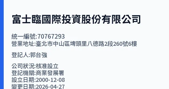 富士臨國際投資股份有限公司的照片-統編 70767293(臺北市) 公司登記資料與營業項目詳細圖表