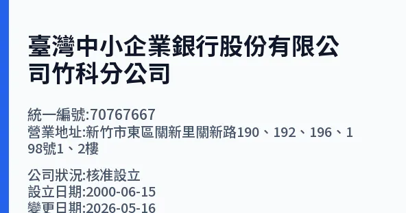 臺灣中小企業銀行股份有限公司竹科分公司的照片-統編 70767667(新竹市) 公司登記資料與營業項目詳細圖表