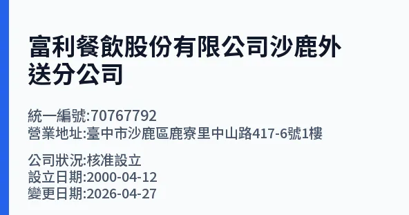 富利餐飲股份有限公司沙鹿外送分公司的照片-統編 70767792(臺中市) 公司登記資料與營業項目詳細圖表