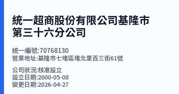 統一超商股份有限公司基隆市第三十六分公司的照片-統編 70768130(基隆市) 公司登記資料與營業項目詳細圖表
