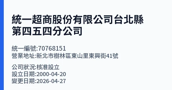 統一超商股份有限公司台北縣第四五四分公司的照片-統編 70768151(新北市) 公司登記資料與營業項目詳細圖表