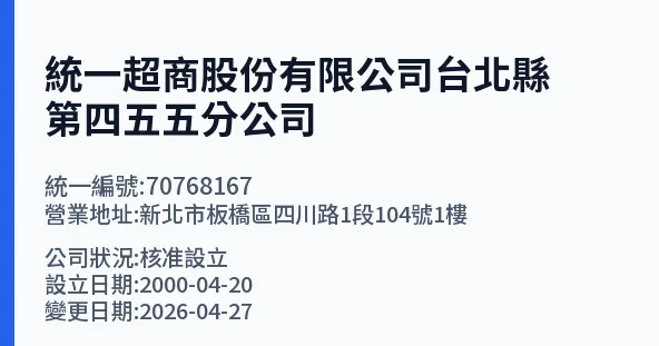 統一超商股份有限公司台北縣第四五五分公司的照片-統編 70768167(新北市) 公司登記資料與營業項目詳細圖表