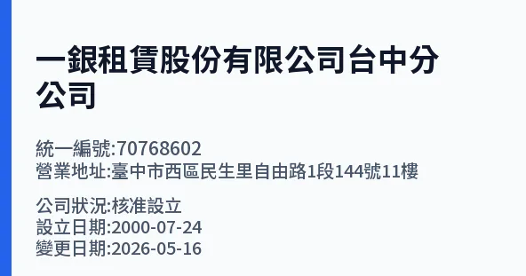一銀租賃股份有限公司台中分公司的照片-統編 70768602(臺中市) 公司登記資料與營業項目詳細圖表