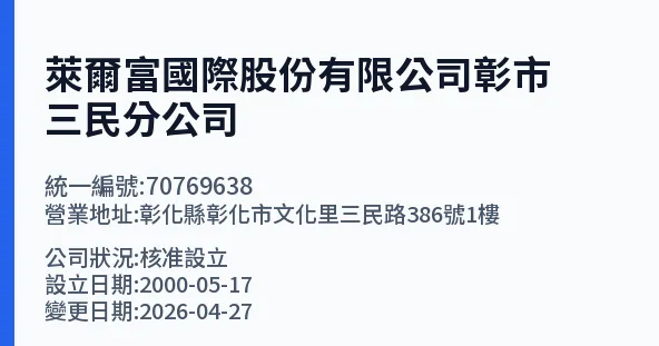 萊爾富國際股份有限公司彰市三民分公司的照片-統編 70769638(彰化縣) 公司登記資料與營業項目詳細圖表