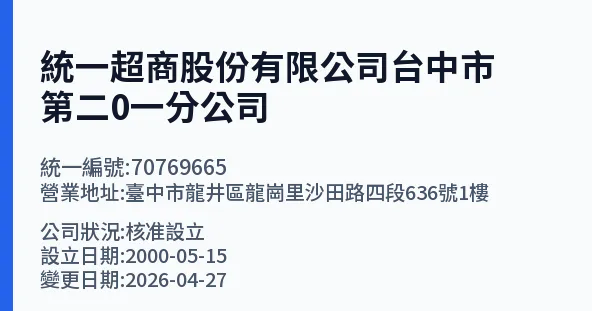 統一超商股份有限公司台中市第二0一分公司的照片-統編 70769665(臺中市) 公司登記資料與營業項目詳細圖表