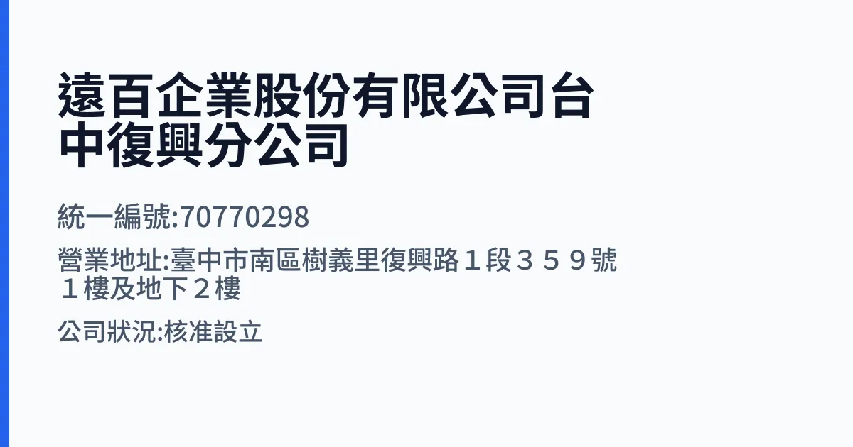 遠百企業股份有限公司台中復興分公司 - 統編 70770298(臺中市) 公司登記資料與營業項目詳細圖表