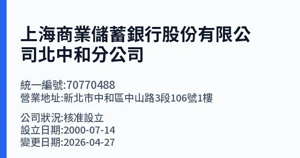上海商業儲蓄銀行股份有限公司北中和分公司的照片-統編 70770488(新北市) 公司登記資料與營業項目詳細圖表