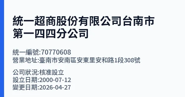 統一超商股份有限公司台南市第一四四分公司的照片-統編 70770608(臺南市) 公司登記資料與營業項目詳細圖表