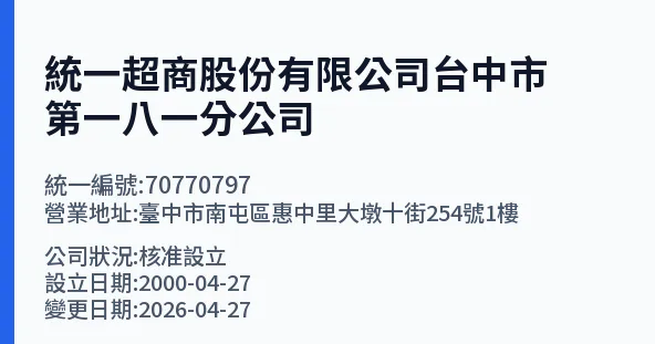 統一超商股份有限公司台中市第一八一分公司的照片-統編 70770797(臺中市) 公司登記資料與營業項目詳細圖表