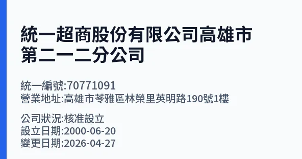 統一超商股份有限公司高雄市第二一二分公司的照片-統編 70771091(高雄市) 公司登記資料與營業項目詳細圖表
