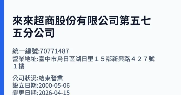 來來超商股份有限公司第五七五分公司的照片-統編 70771487(臺中市) 公司登記資料與營業項目詳細圖表