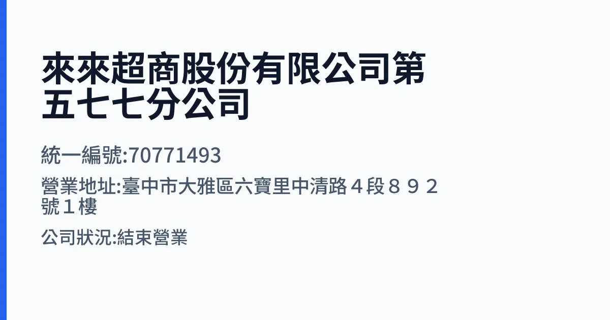來來超商股份有限公司第五七七分公司 - 統編 70771493(臺中市) 公司登記資料與營業項目詳細圖表