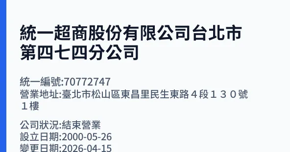 統一超商股份有限公司台北市第四七四分公司的照片-統編 70772747(臺北市) 公司登記資料與營業項目詳細圖表