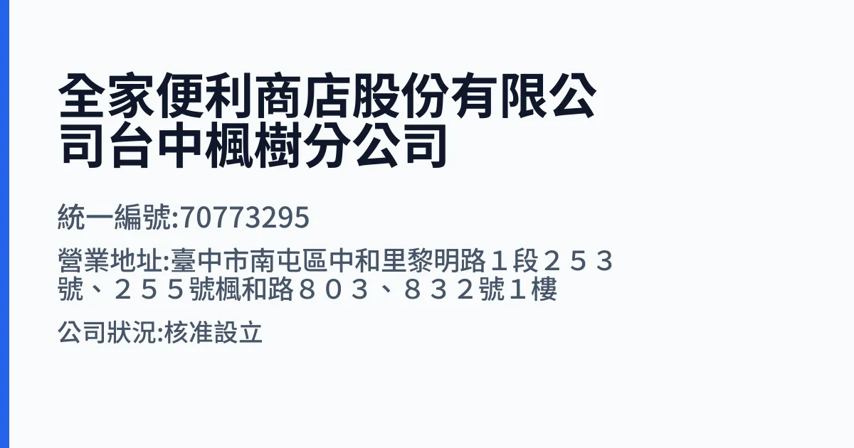 全家便利商店股份有限公司台中楓樹分公司 - 統編 70773295(臺中市) 公司登記資料與營業項目詳細圖表