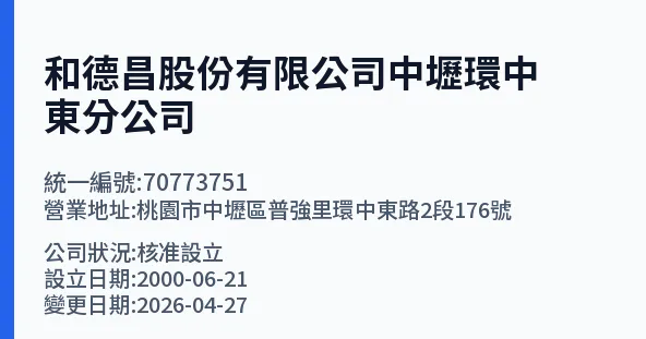 和德昌股份有限公司中壢環中東分公司的照片-統編 70773751(桃園市) 公司登記資料與營業項目詳細圖表