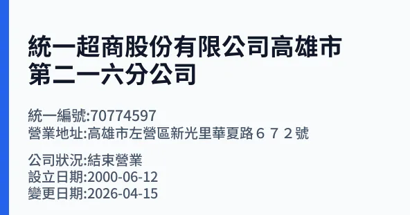 統一超商股份有限公司高雄市第二一六分公司的照片-統編 70774597(高雄市) 公司登記資料與營業項目詳細圖表