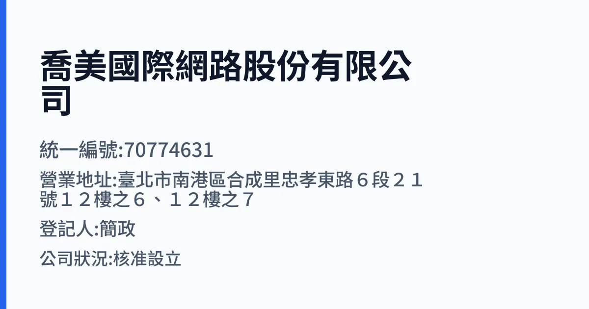 喬美國際網路股份有限公司 - 統編 70774631(臺北市) 公司登記資料與營業項目詳細圖表