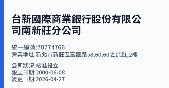 台新國際商業銀行股份有限公司南新莊分公司的照片-統編 70774766(新北市) 公司登記資料與營業項目詳細圖表