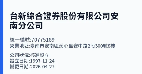 台新綜合證券股份有限公司安南分公司的照片-統編 70775189(臺南市) 公司登記資料與營業項目詳細圖表